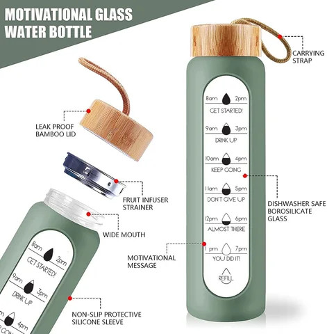 Buy Glass Water Bottle With Time Marker, Lid, Silicone Sleeve ...