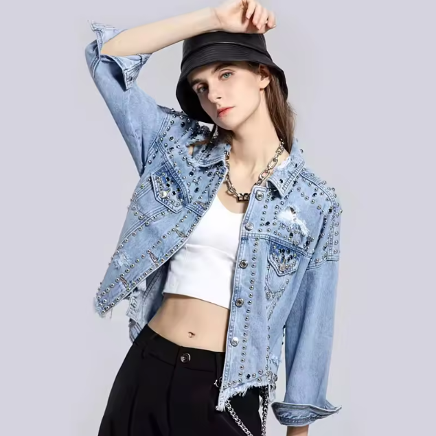 Buy Custom Rivets Plus Size Vintage Women's Blue Denim Ripped Jeans ...