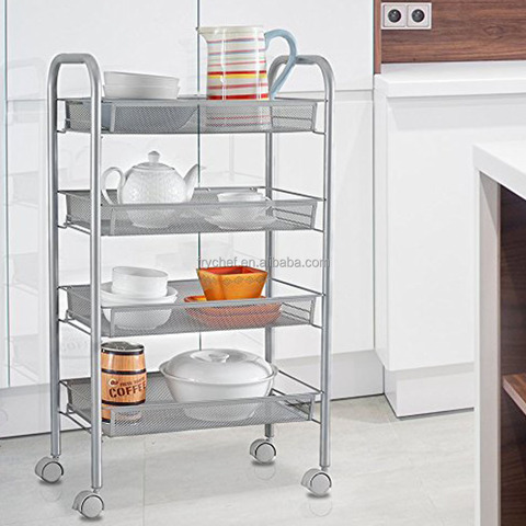 Buy Metal Mesh Rolling Cart, 4-tier Wire Mesh Trolley Cart White/grey ...