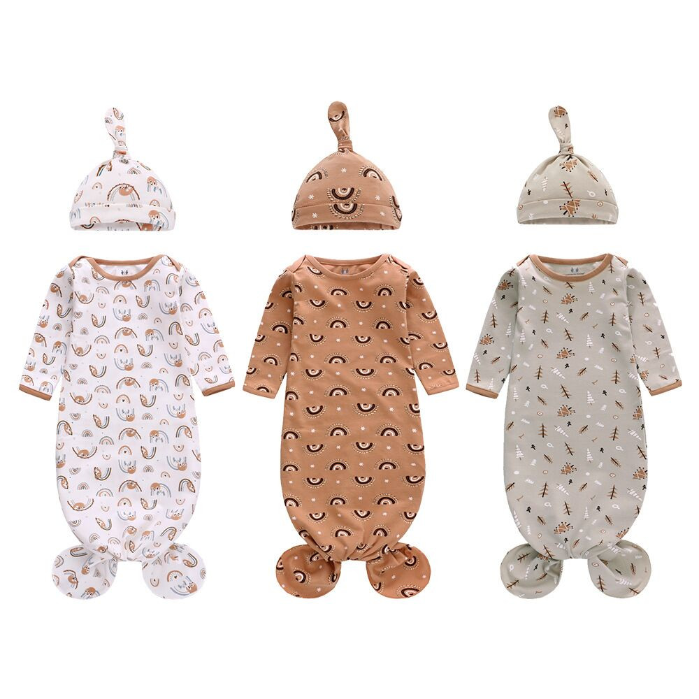 Buy Newborn Knotted Nightgown Long Sleeve Matching Hat Organic Cotton ...