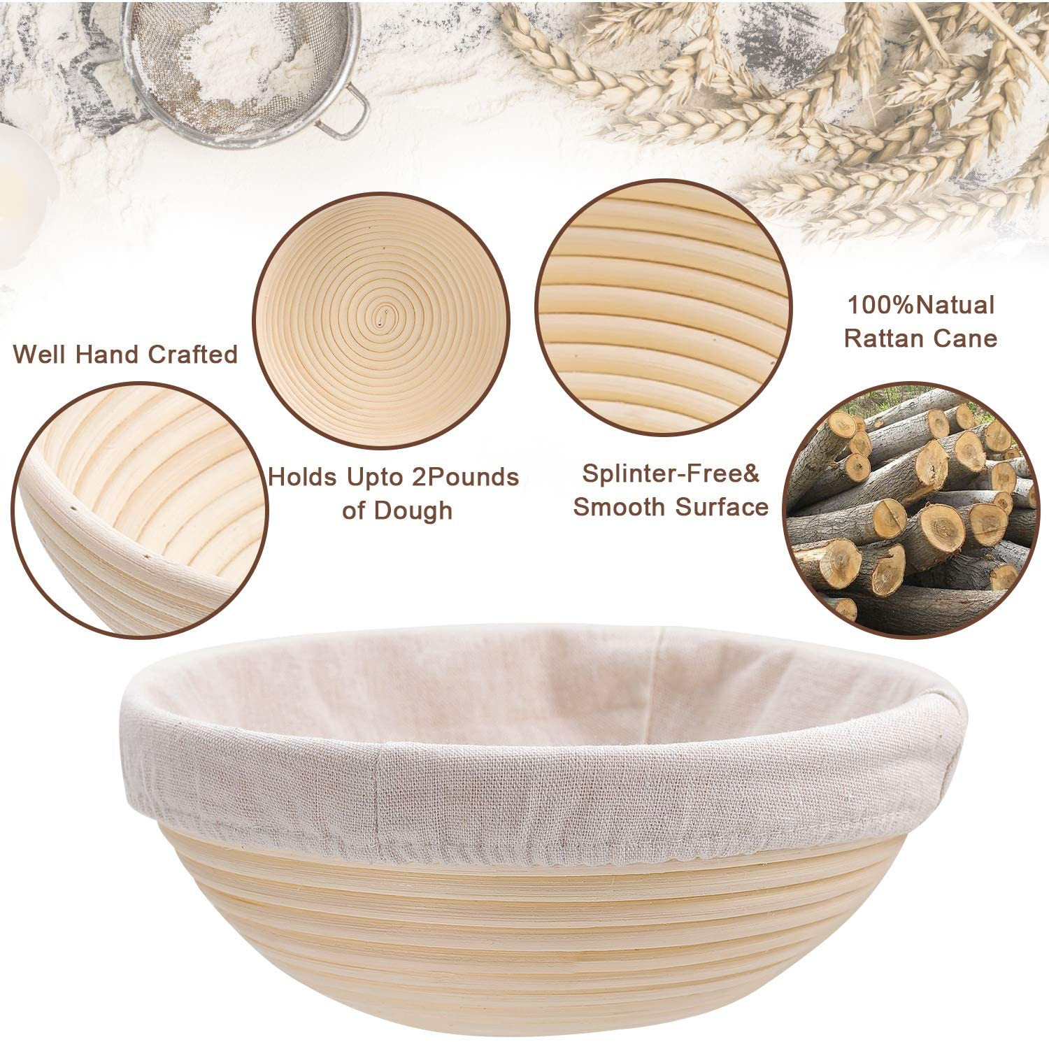 Buy 9 Inch Premium Round Natural Rattan Bread Proofing Basket With ...