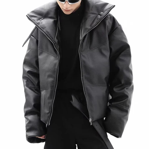 Buy Leather Puffer Jacket Winter Coat Custom Logo Zipper Pocket Down ...