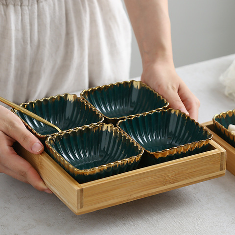 Buy Nordic Dark Green Ceramic Snack Plate Bamboo Wood Fruit Plate ...
