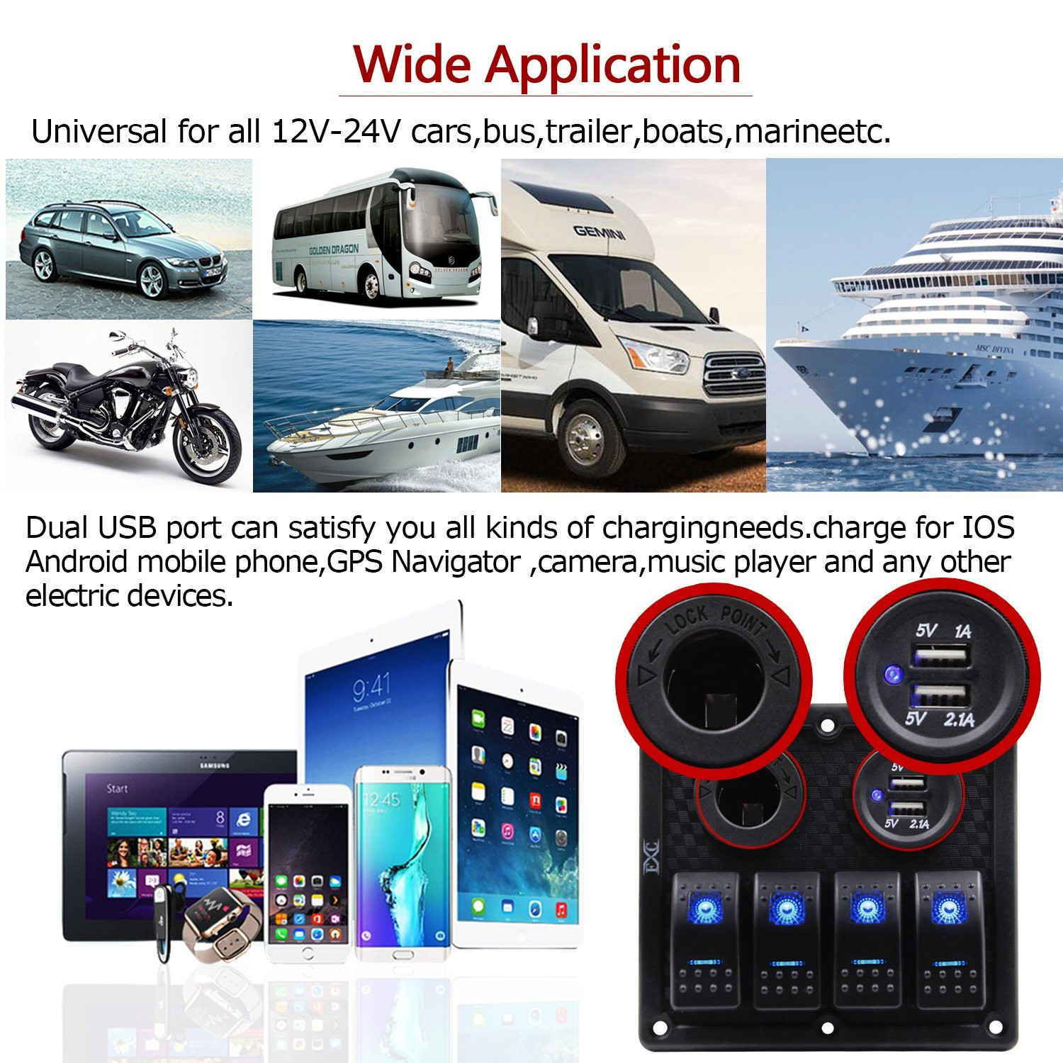Buy Waterproof Marine Boat Rocker Switch Panel Gang With Dual Usb Slot ...