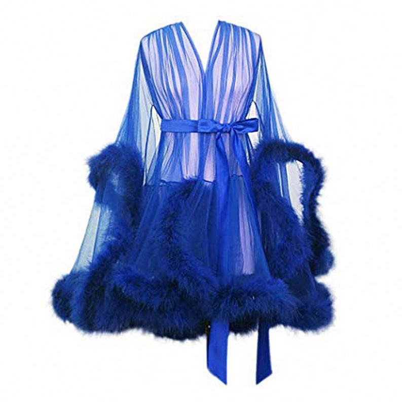 Buy 2021 Customized Wholesale Women Sexy Bathrobe Fur Trim Mesh Robe In ...