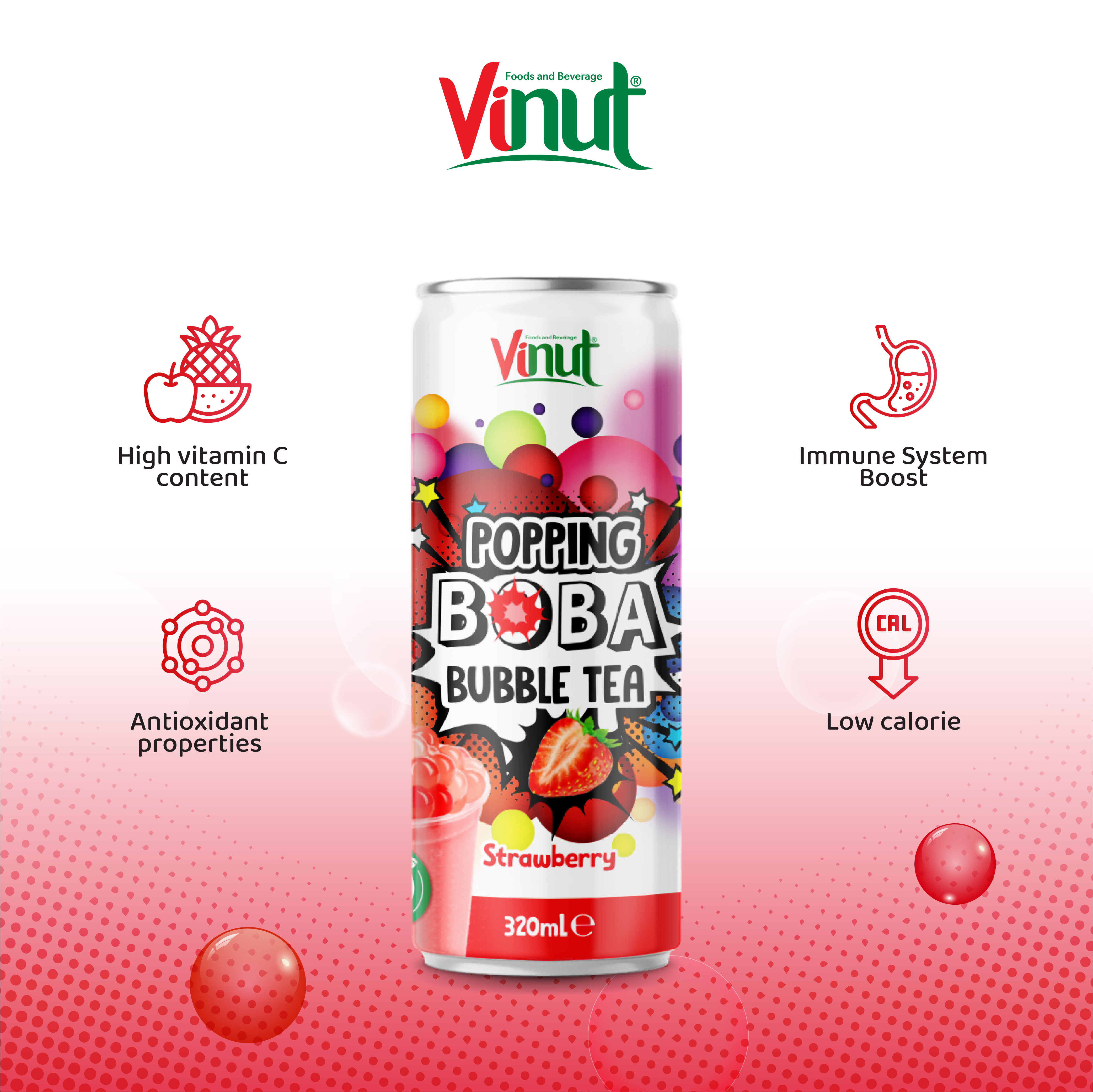 Buy 330ml Vinut Popping Boba Bubble Tea With Strawberry Flavor Free Sample, Private Label ...