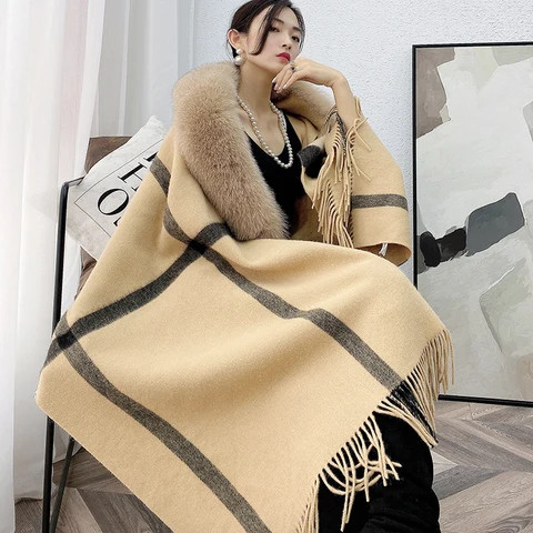 Buy Luxury Fox Fur Collar Cashmere Wool Shawl Cloak Cape Wedding Dress ...