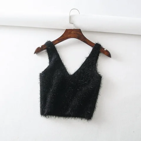 Buy Womens Solid Color Yarn Ladies V-neck Sling Feather Sling Vest Top ...