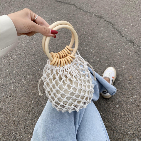 Buy 2021 Fashion Cotton Rope Drawstring Opening Round Handle Woven Mini ...