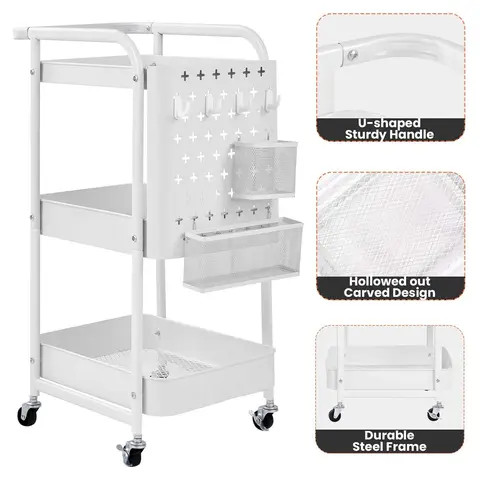 Buy 3-tier Rolling Metal Utility Cart With Pegboard Kitchen Utility ...
