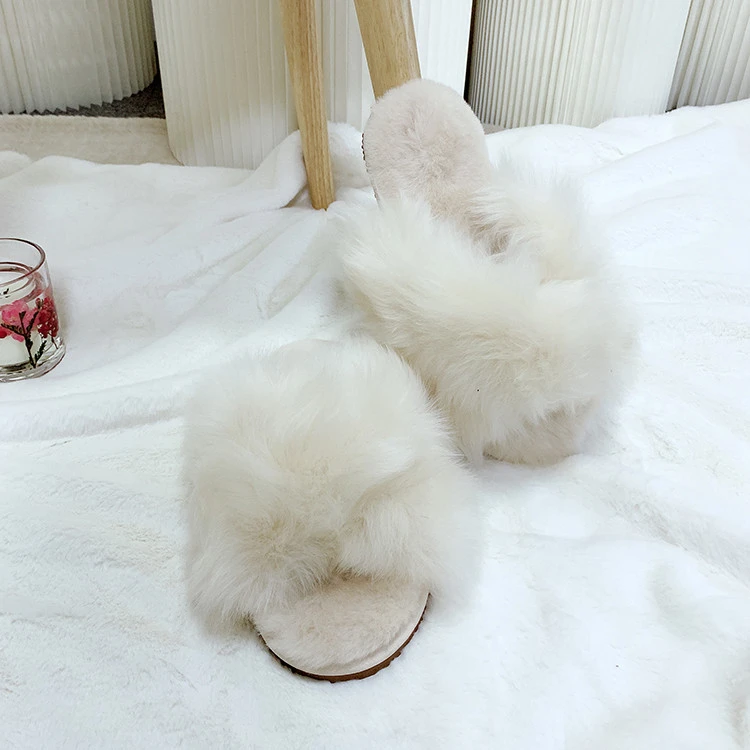 Buy Fashion Fluffy Fur Slides Fuzzy Cross Band Soft Sheepskin Shearling ...