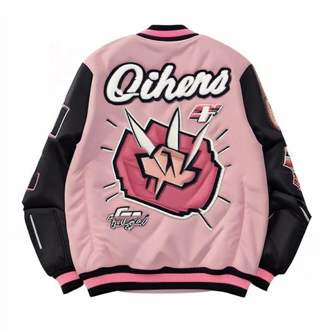 Buy Oem Custom Winter Pink Varsity Jacket With Skull Embroidery Mens ...