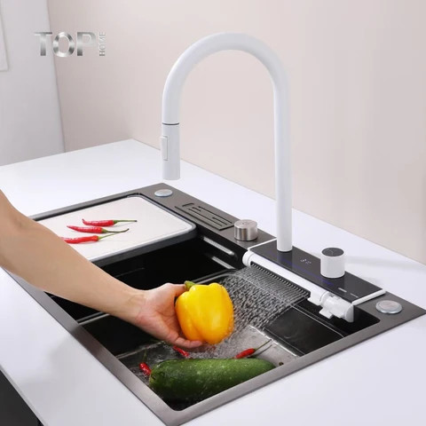Buy Kitchen Waterfall Sink White Faucet Flexible Connections Durable ...
