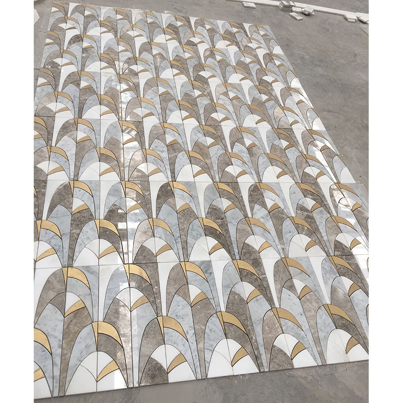 Buy Water Jet Mosaic Tile Gold Metal Brass Inlay Grey White Marble Wall ...
