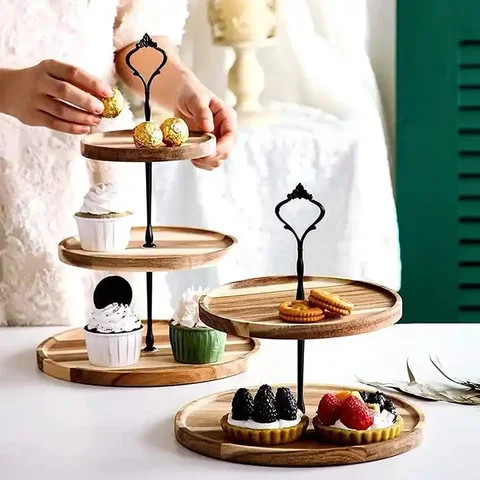 Buy 3 Tier Acacia Wood Cake Cookies Stand Wooden Three-layer Tray ...