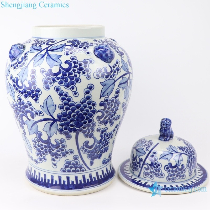 Buy Archaized Blue And White Grape Grain Ceramic Jars With Lion Dog ...
