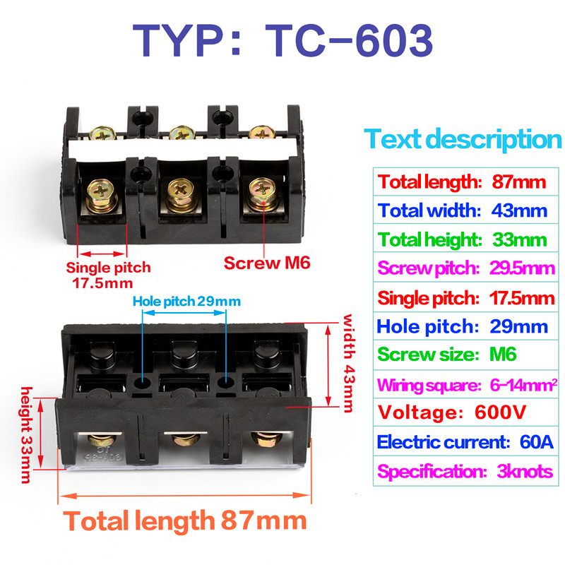 Buy 60a 3p 600v Double Row Screw Terminal Fixed Type Tc603 High Current ...