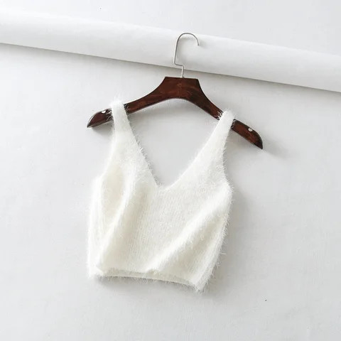 Buy Womens Solid Color Yarn Ladies V-neck Sling Feather Sling Vest Top ...