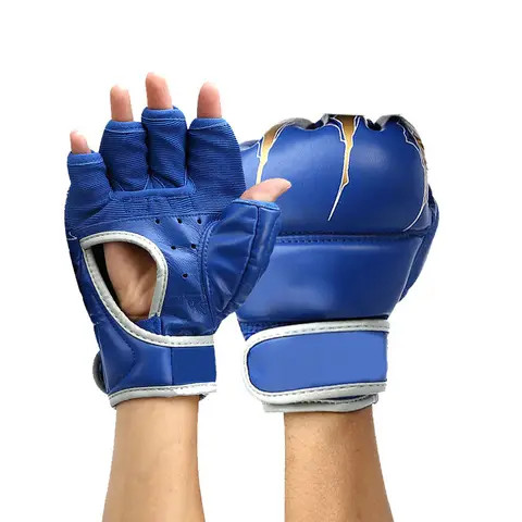 Buy New Mma Grappling Fight Gloves Blue Cowhide Leather Half Finger Mma ...