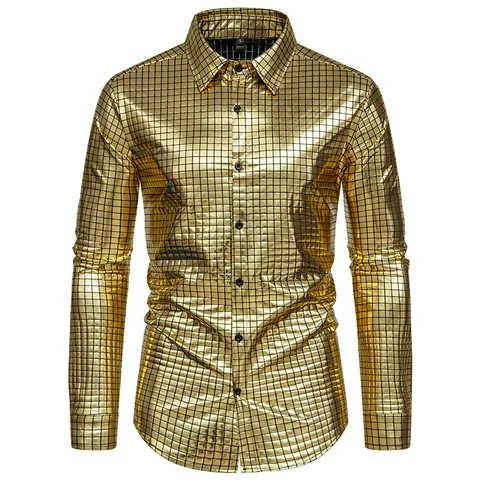 Buy 2024 New Mens Checkered Gold Plated Stage Shirt Banquet Fashion ...