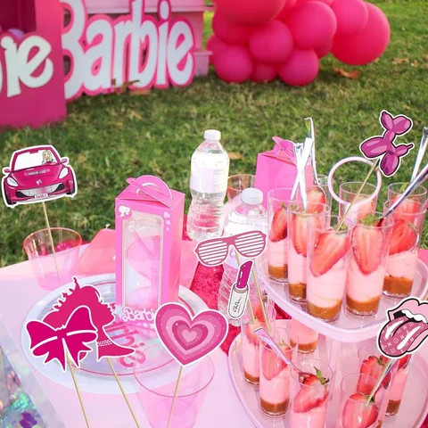 Buy 22 Pieces Pink Barbee Princess Birthday Party Photo Props Pink Girl ...