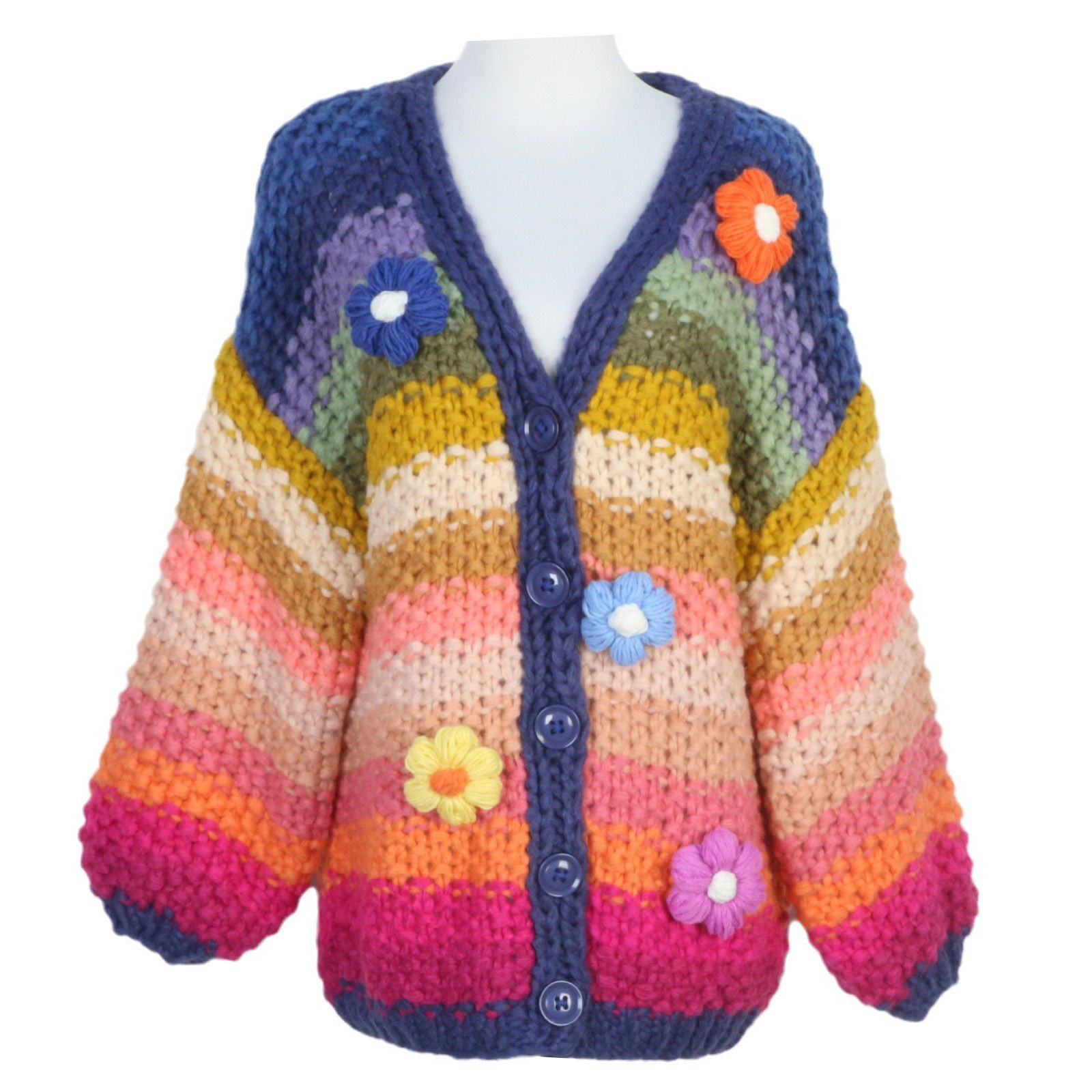 Buy Multi Colors Rainbow Stripes Hand Knit Buttons Up Cardigan Drop ...