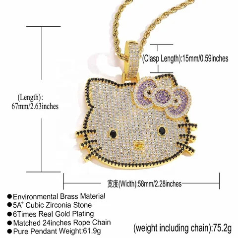 Buy Hip Hop Iced Out Pink Solid Zircon Shiny Cartoon Hello Cat Kitty ...