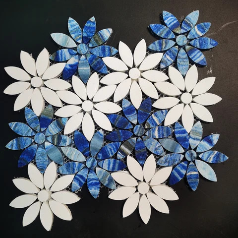 Buy Flora Pattern White And Blue Flower With Marble Stone Mosaic Tile ...