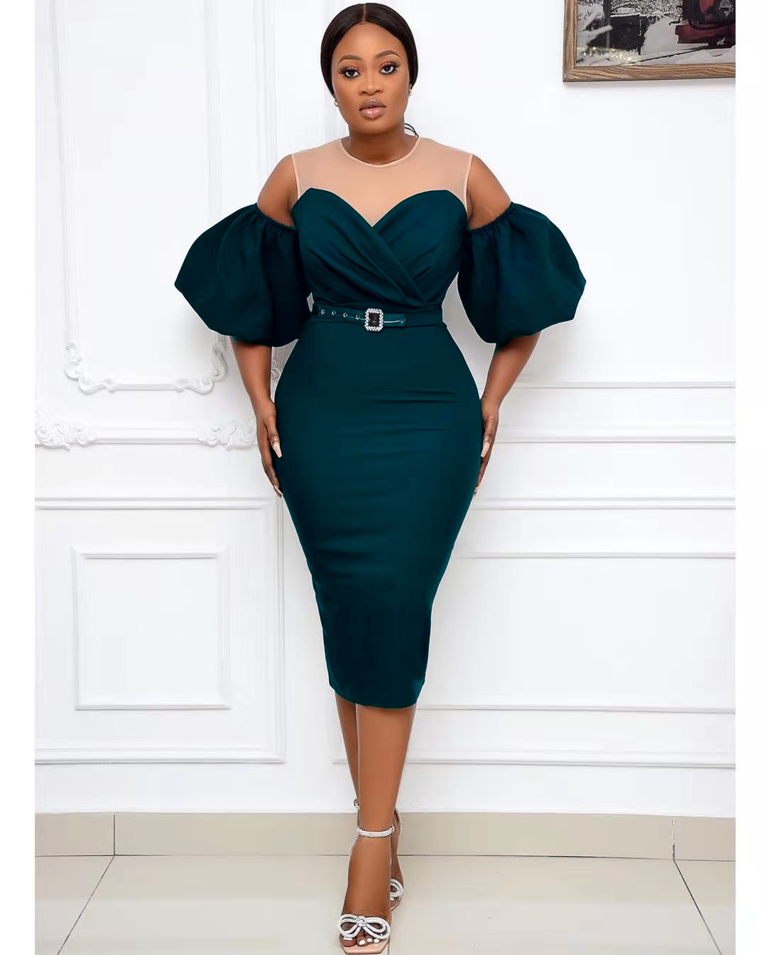 Buy 2021 Bag Hip One Word Collar Casual Dress Office Lotus Sleeve Dress ...