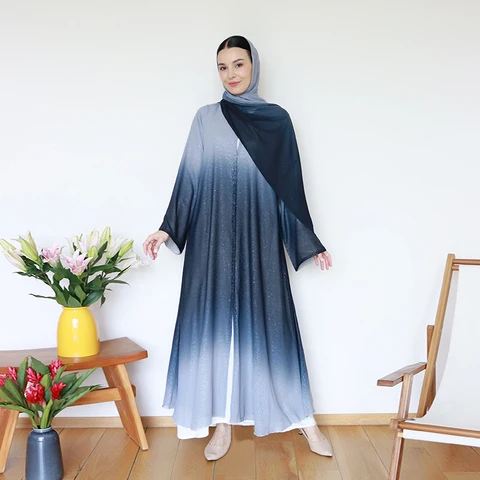 Buy Gradient Glitter Chiffon Fabric Muslim Dubai Abaya 2 Layers Elegant ...