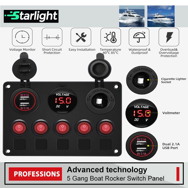 Buy 5 Gang Rocker Switch Panel With Dual Usb Slot Socket 5v 4.2a ...
