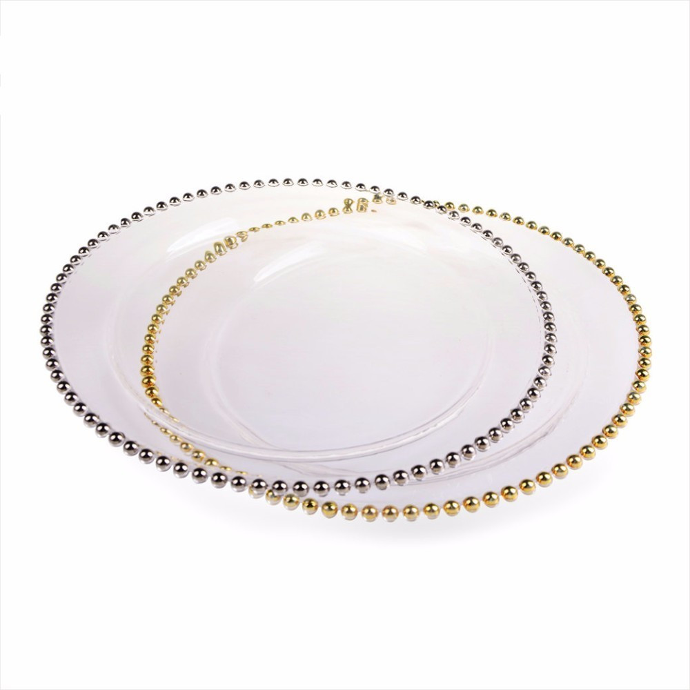 Buy Handmade Clear Round Gold Beaded Glass Dishes Party Wedding Charger ...