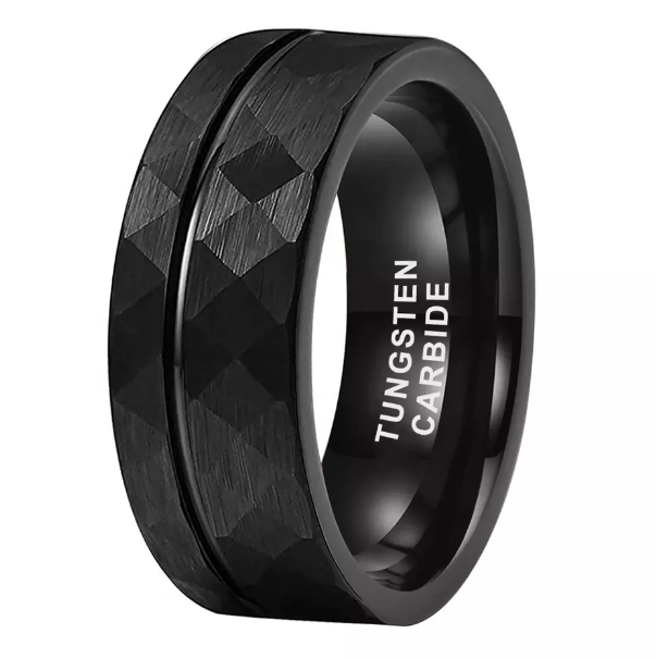 Buy 8mm Offset Line Black Hammered Tungsten Ring For Men Women Fashion ...