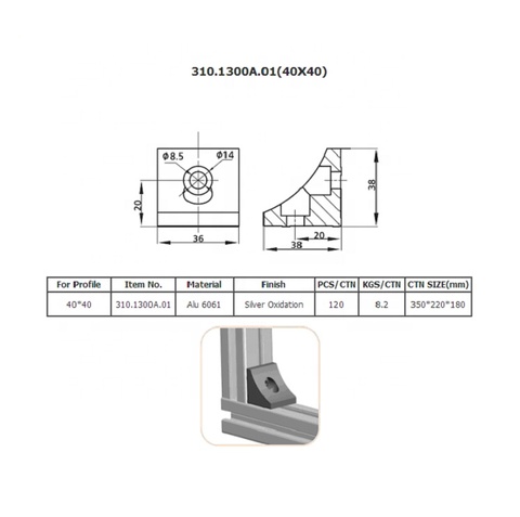 Buy Industrial 40x40 Aluminum Profile Angle Bracket 310.1300a.01 from ...