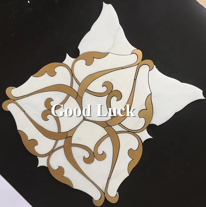 Buy Polished White Marble And Brass Inlay Flower Pattern Waterjet Mosaic Tile From Xiamen Good
