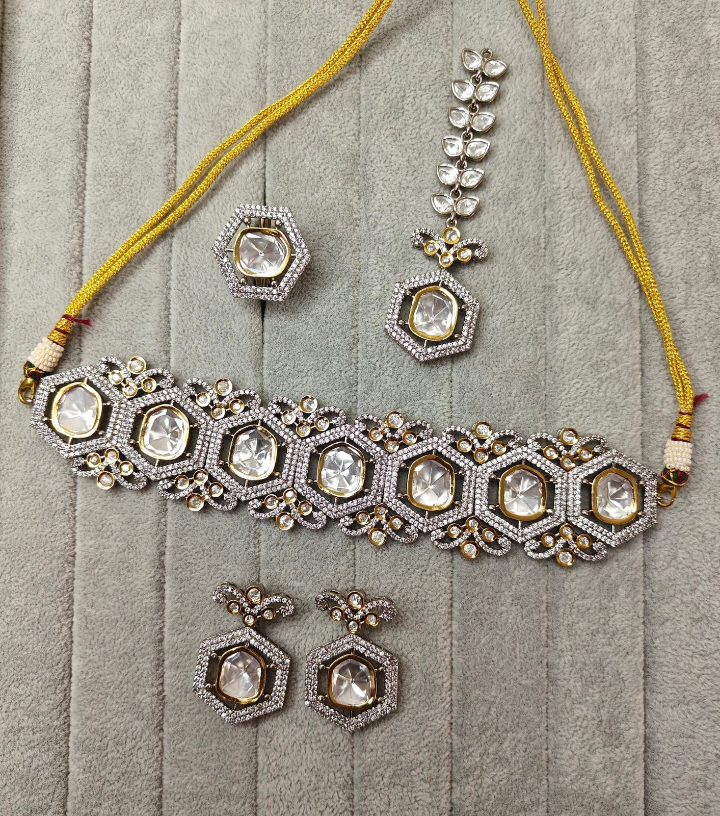 Buy Victorian Diamond Look Polki Choker Necklace With Earring And Maang ...