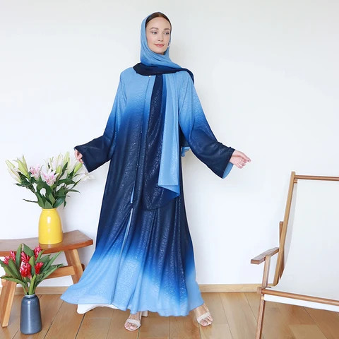 Buy Gradient Glitter Chiffon Fabric Muslim Dubai Abaya 2 Layers Elegant ...
