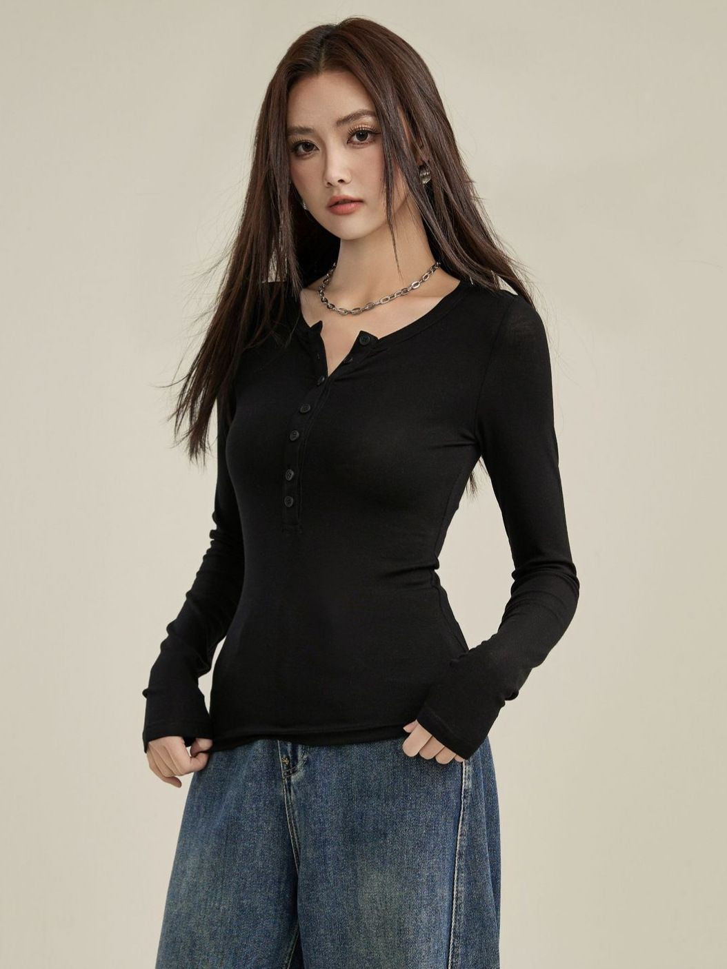 Buy Lyocell Wool Spandex Henry Collar Tight Fitting Top Solid Color ...