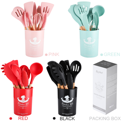 Buy 12 Pieces Non-stick With Wooden Handles Silicone Kitchen Utensils ...