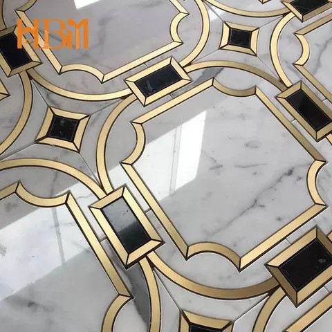 Buy Brass Inlay Stone Mosaic Flooring Waterjet White Marble Mosaic Tile ...